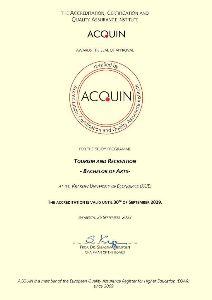 Międzynarodowa akredytacja ACQUIN naszego kierunku – Katedra Turystyki